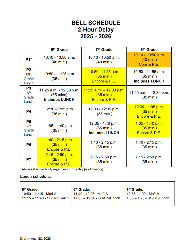 2 Hour Delay Schedule - Parkside Middle School